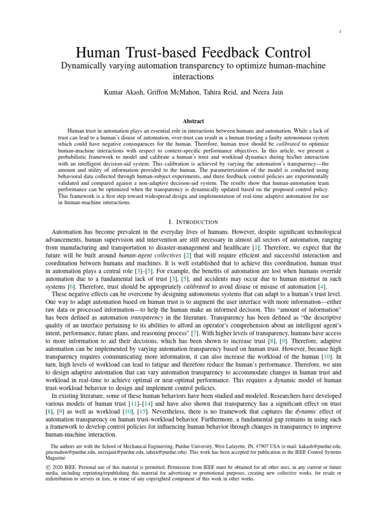 Human Trust-Based Feedback Control | PDF | Applied Mathematics