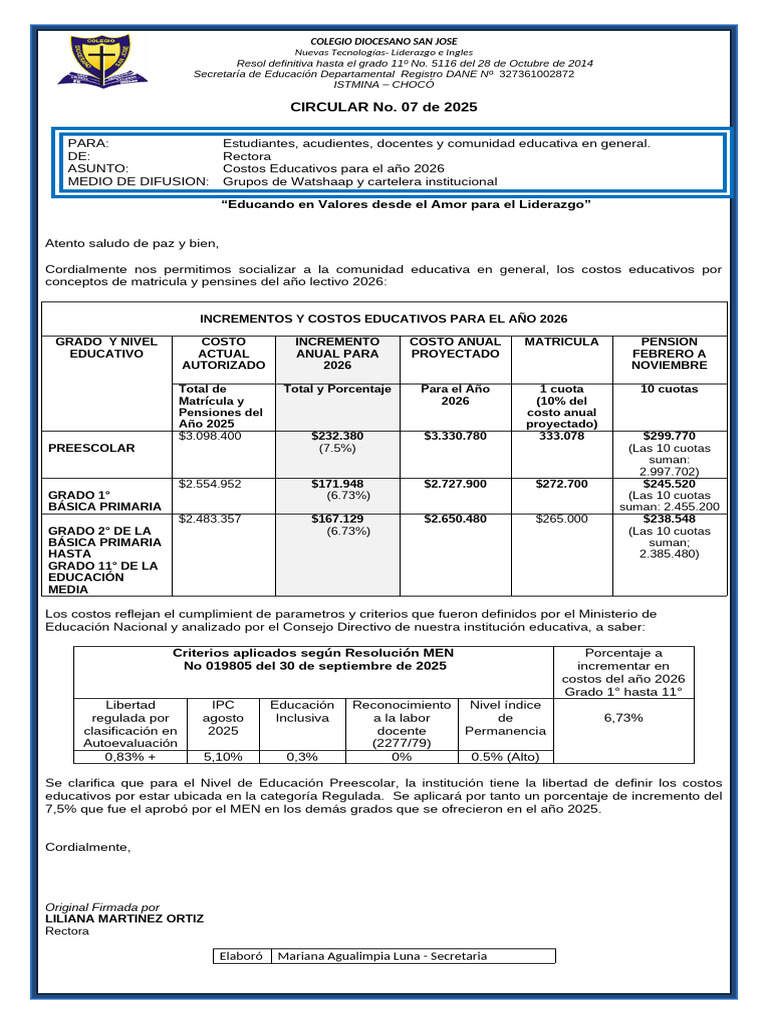 Circular No 07- 2025 - Costos Educativos 2026 | PDF