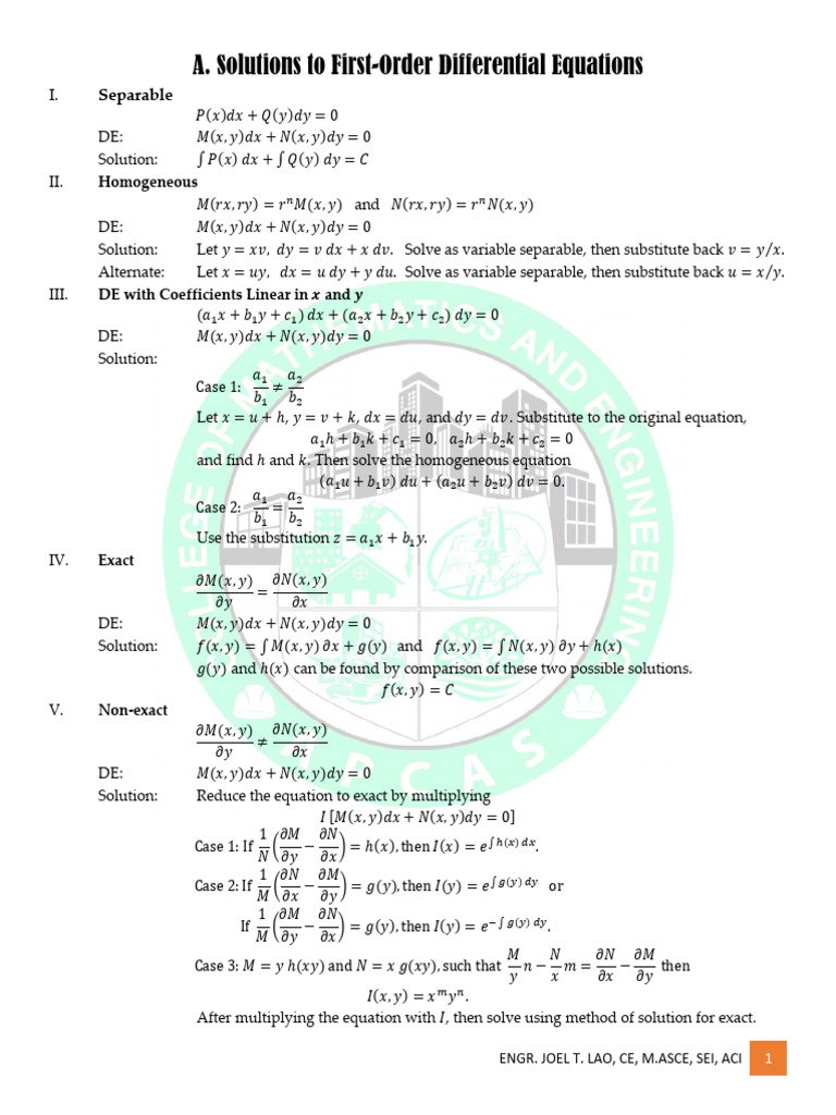 Summary of Solutions To Differential Equations | PDF | Mathematical ...
