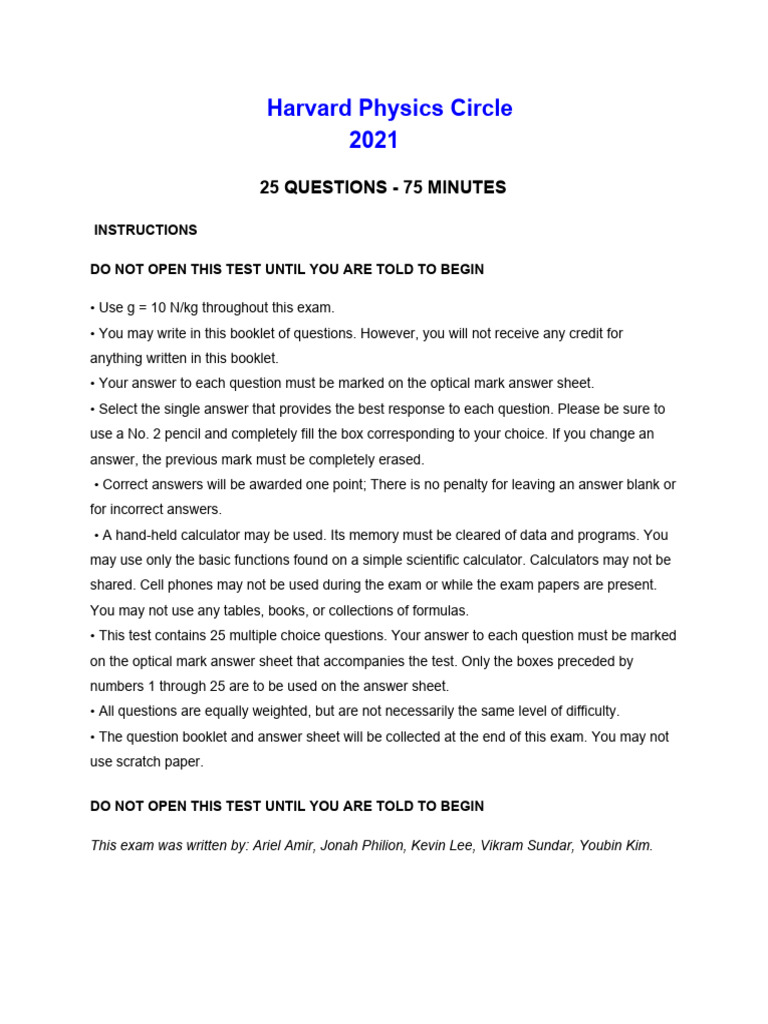 Harvard Physics Circle 2021 Exam | PDF | Projectiles | Mechanics
