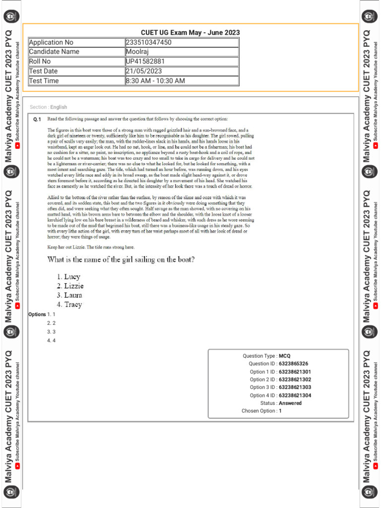 CUET UG 2023 English MCQ Answers | PDF | Multiple Choice | Standardized ...