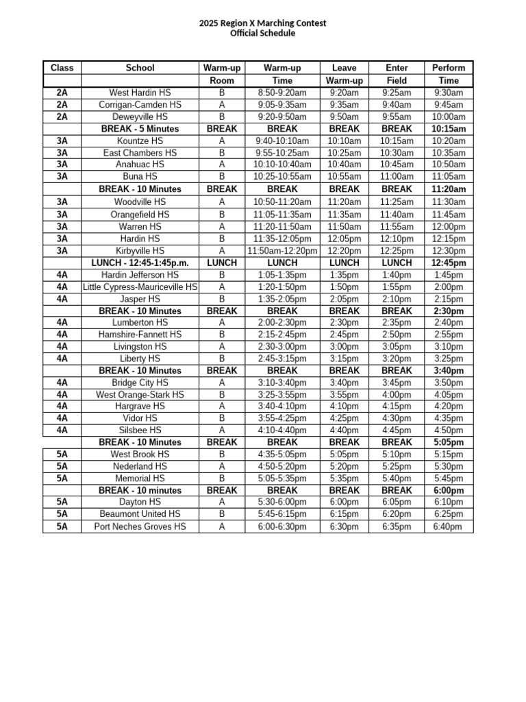 2025 Region X Marching Contest Schedule | PDF