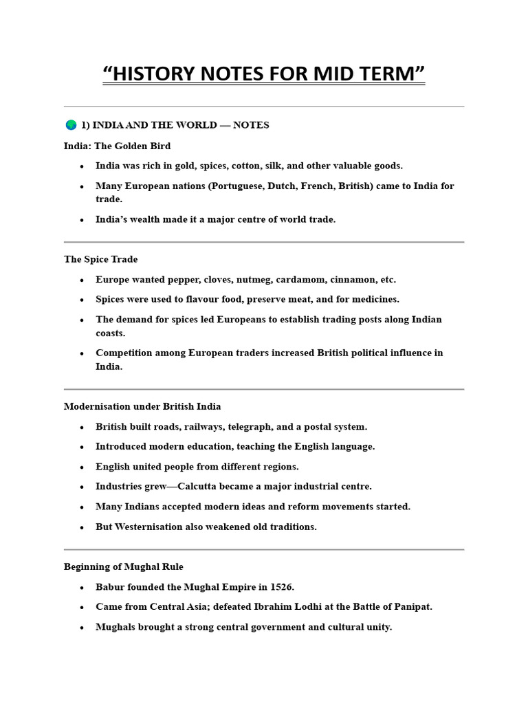 History Notes: India and WW1 Overview | PDF | Mughal Empire | World War I