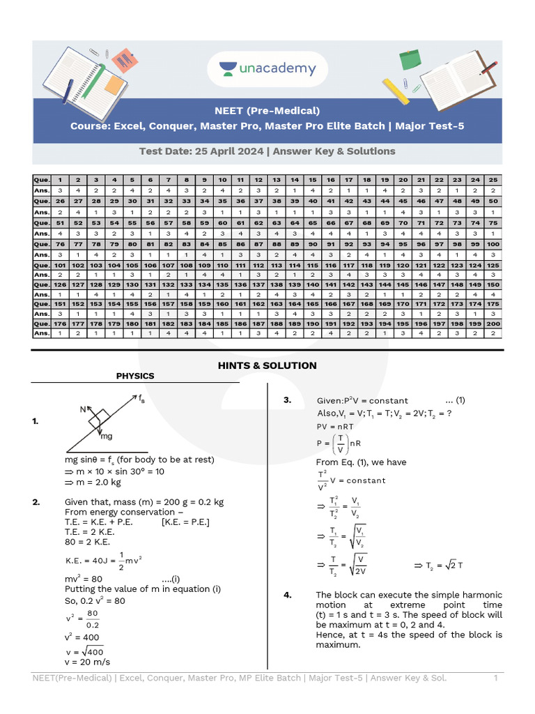 Answer Key 25-04-2024 Major Test-05 | PDF | Force | Mass