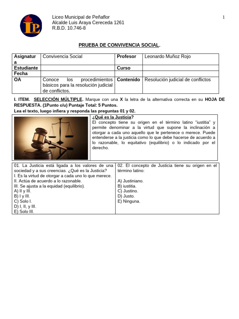 1º Ciclo Convivencia Social Prueba Final | PDF | Justicia | Crimen y ...