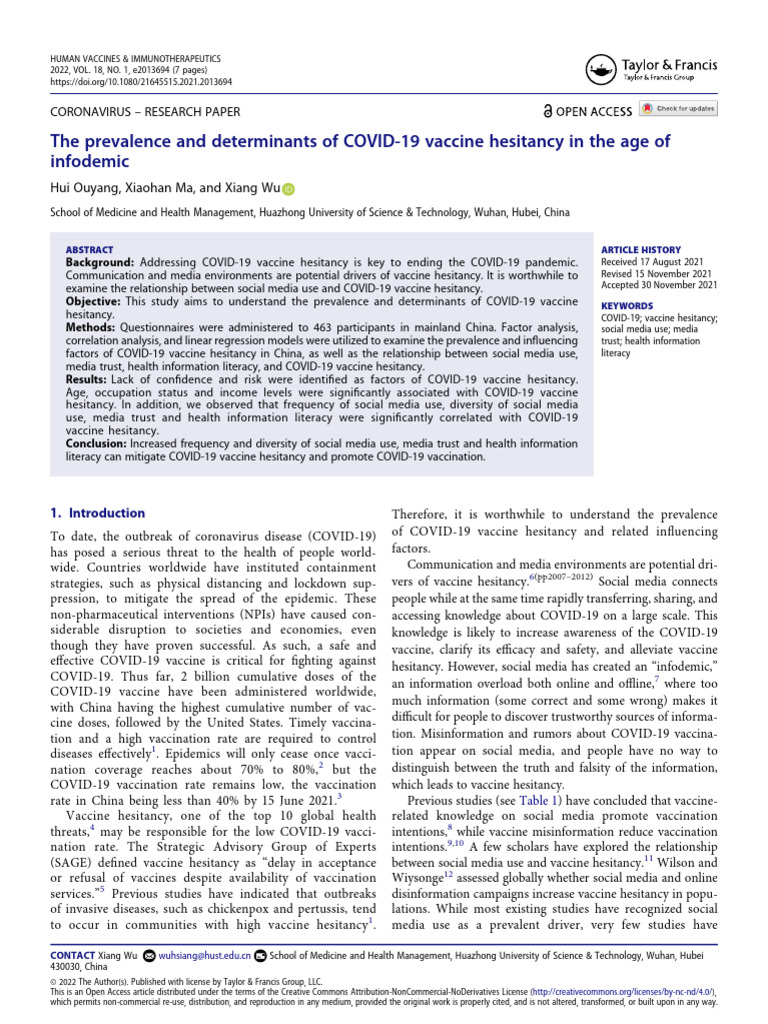 2022 Prevalence and Determinants of COVID-19 Vaccine Hesitancy | PDF ...