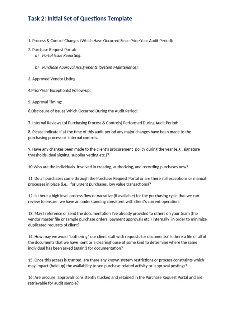 Task 2 - Initial Set of Questions | PDF | Audit | Business