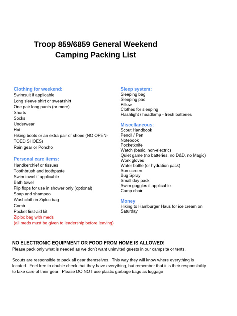 Troop 859 6859 Weekend Packing List | PDF | Fashion | Clothing
