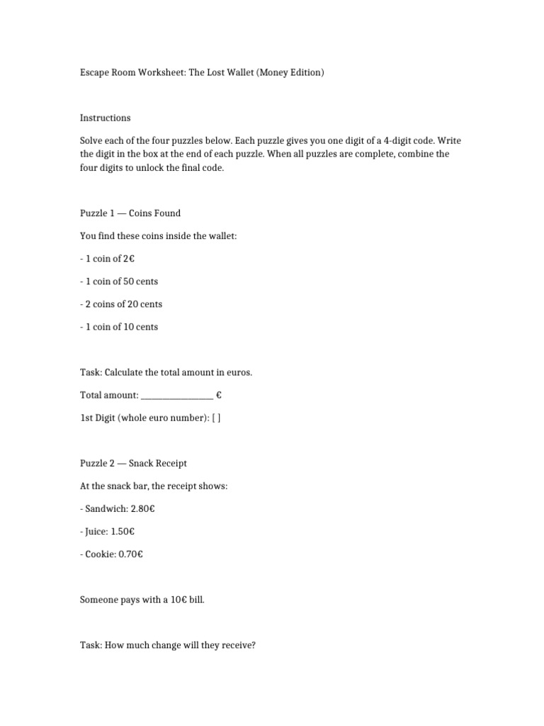 Money Escape Room Worksheet | PDF