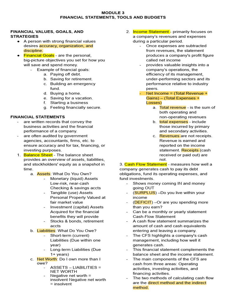 Module 3_ Financial Statements, Tools, And Budgets | PDF | Budget | Expense