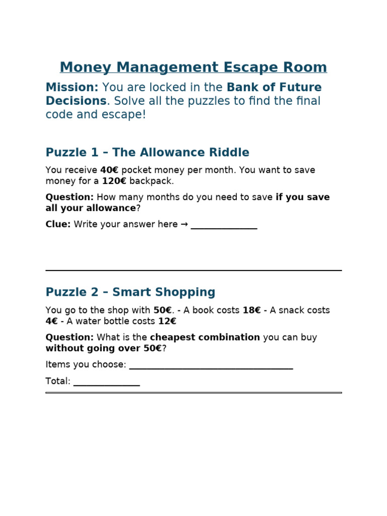 Money Management Escape Room Puzzles | PDF