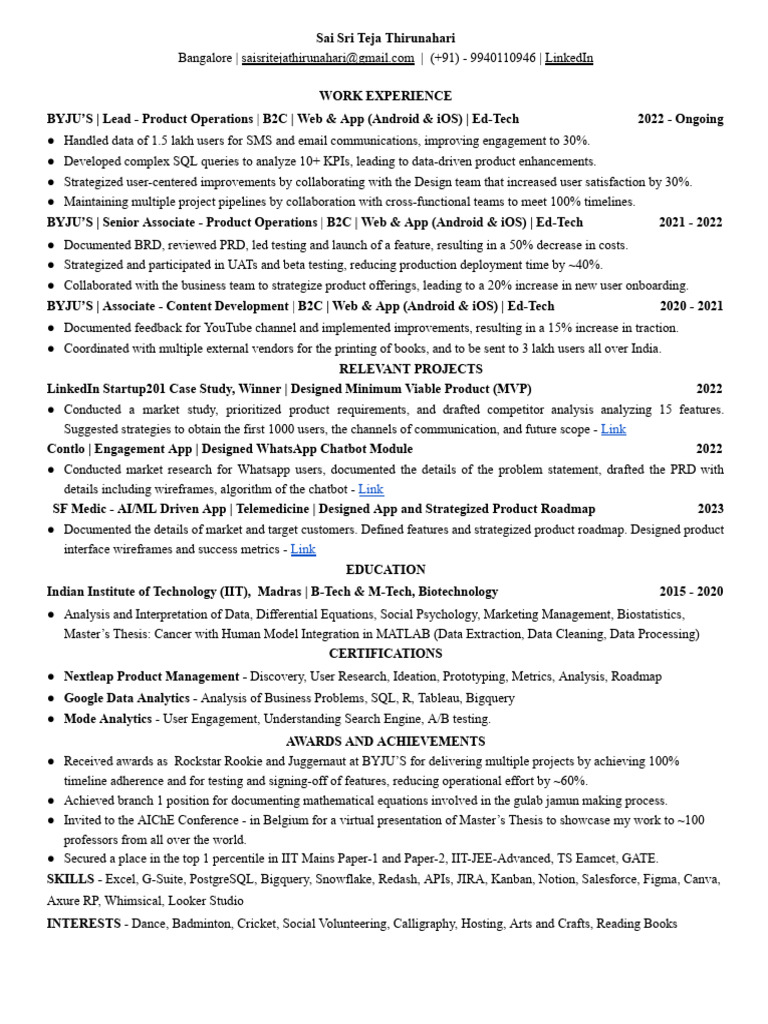 Sai Sri Teja Resume - Product Management | PDF | Mobile App | Android (Operating System)