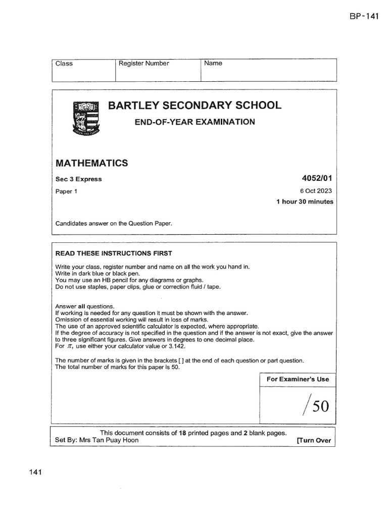 E-Math - Sec 3 - SA 2 - 2023 - Bartley Sec | PDF | Area | Mathematics