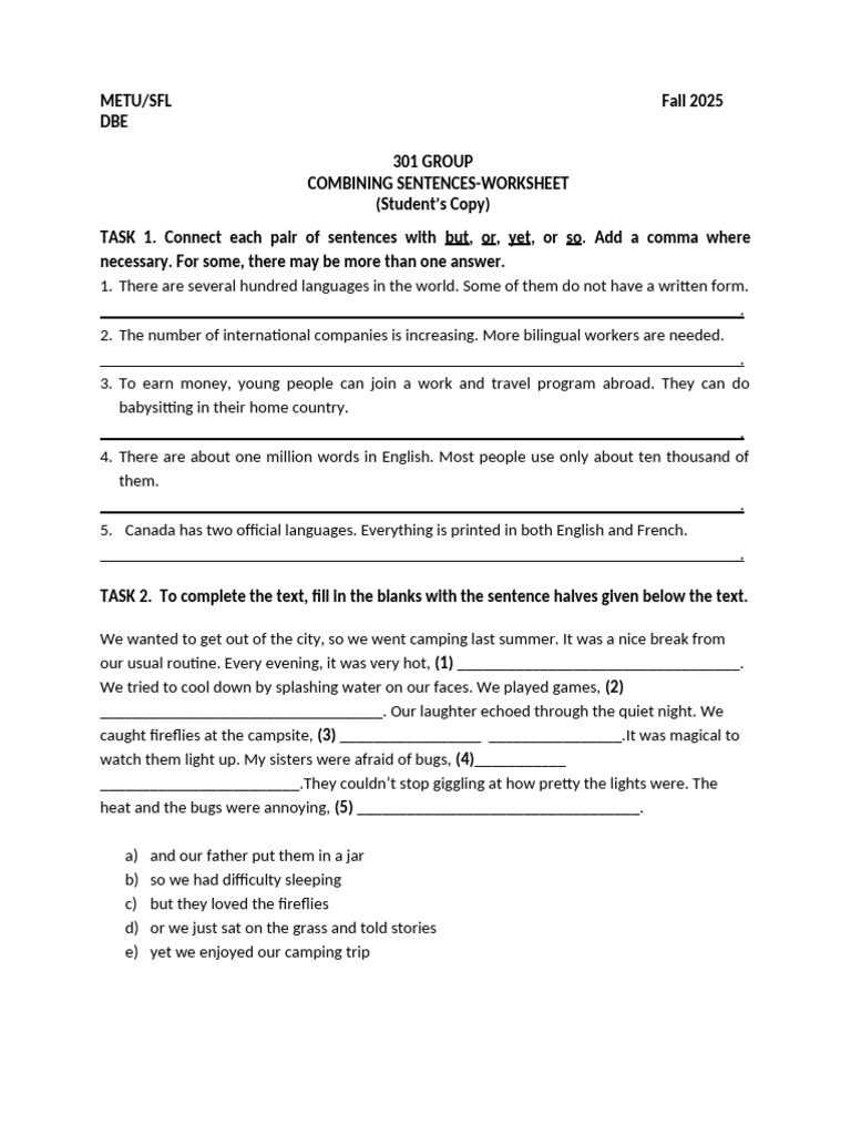 Combining Sentences Worksheet SS | PDF