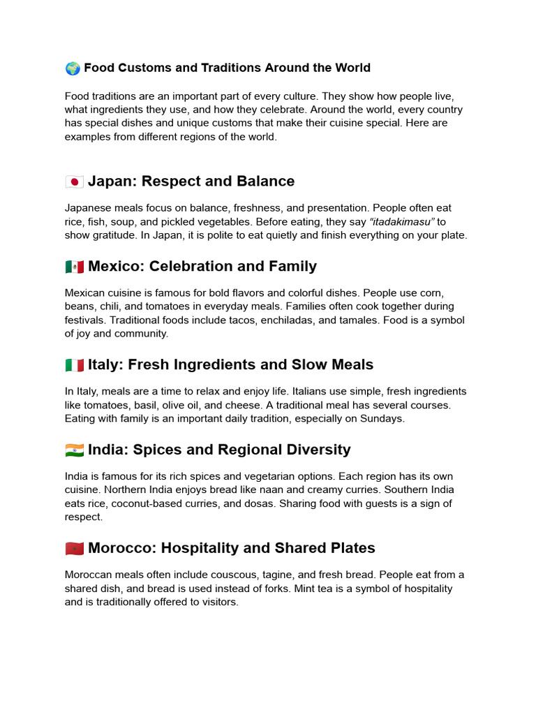 Global Food Traditions Explained | PDF | Chinese Cuisine | Moroccan Cuisine