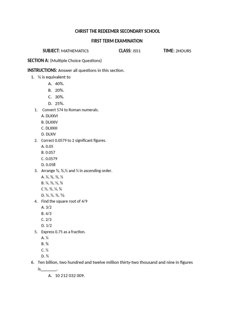 JSS1 Mathematics First Term Exam Questions | PDF | Numbers | Decimal