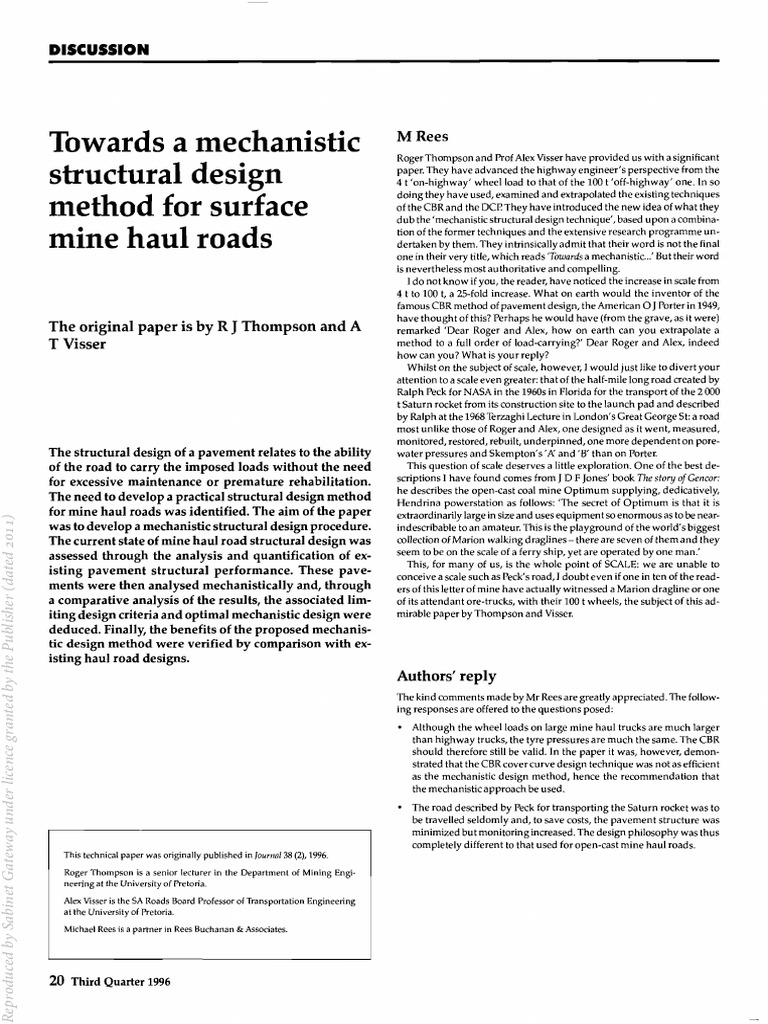 1996 Towards A Mechanistic Structural Design Method For Surface Mine Haul Roads | PDF