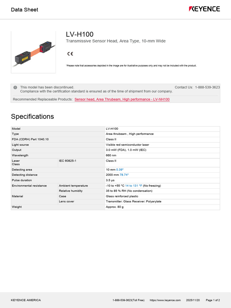 LV-H100 Area Type Sensor Data Sheet | PDF | Optics | Applied And ...