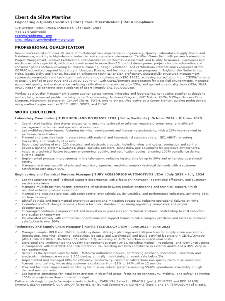 Engineering & Quality Executive Profile | PDF | Electrical Connector ...
