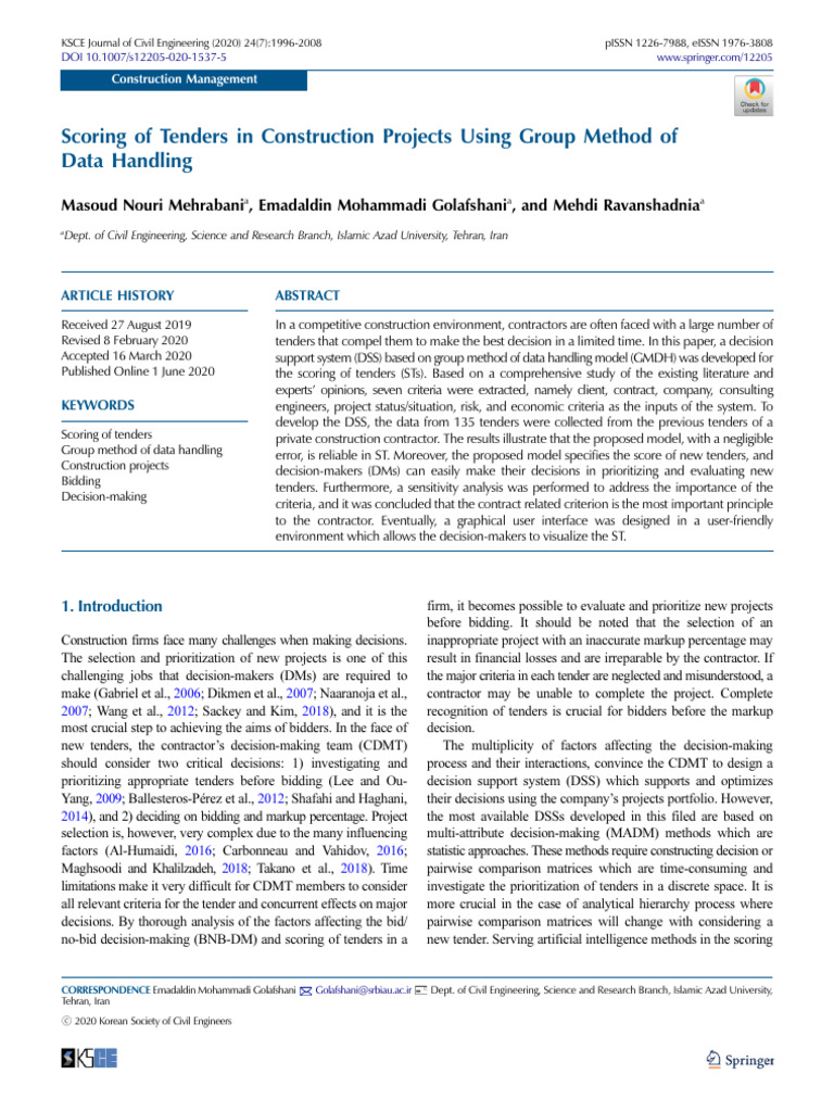 Scoring of Tenders in Construction Projects Using 2020 KSCE Journal of ...