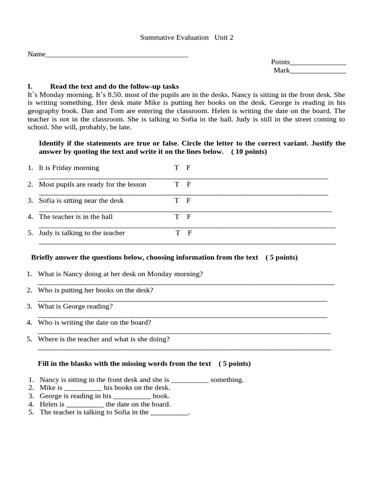 Unit 2 Test 5 Th Form 2025 | PDF | Classroom