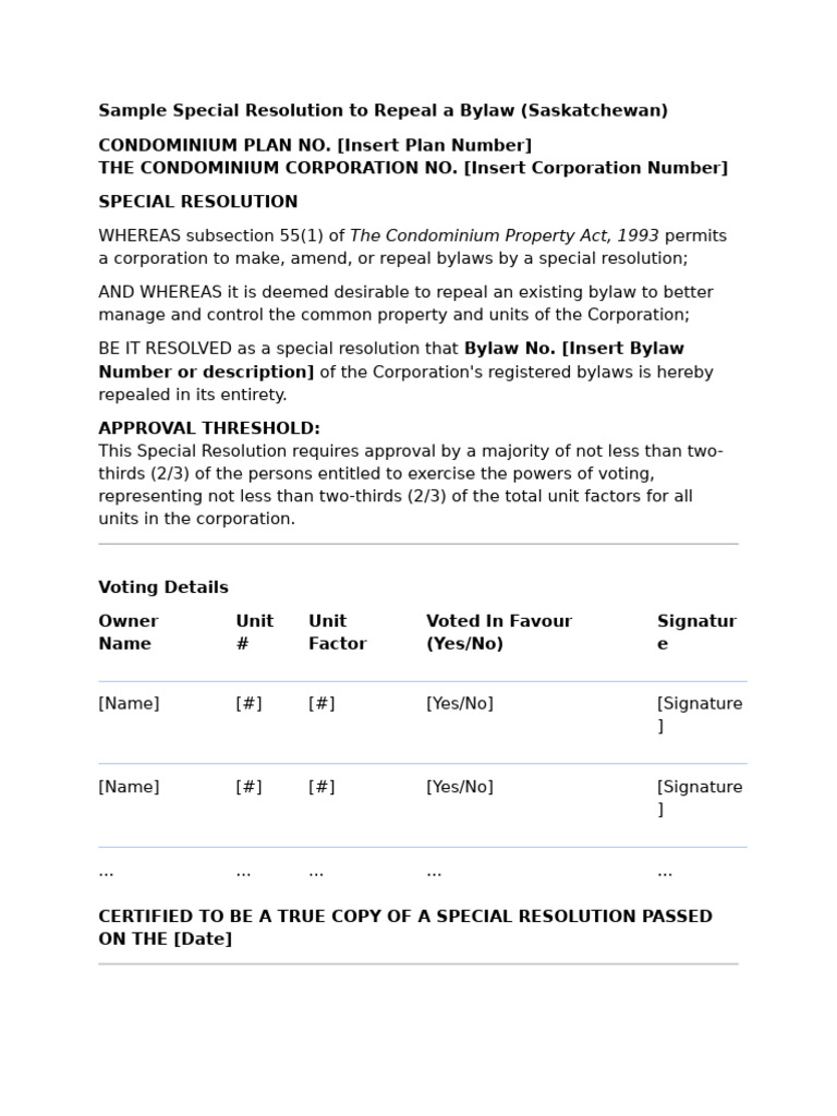 Sample Special Resolution To Repeal A Bylaw | PDF