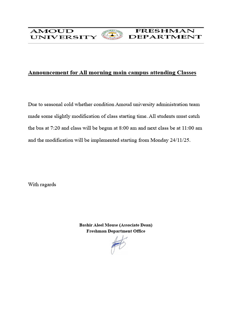 Announcement For All Morning Main Campus Attending Classes | PDF