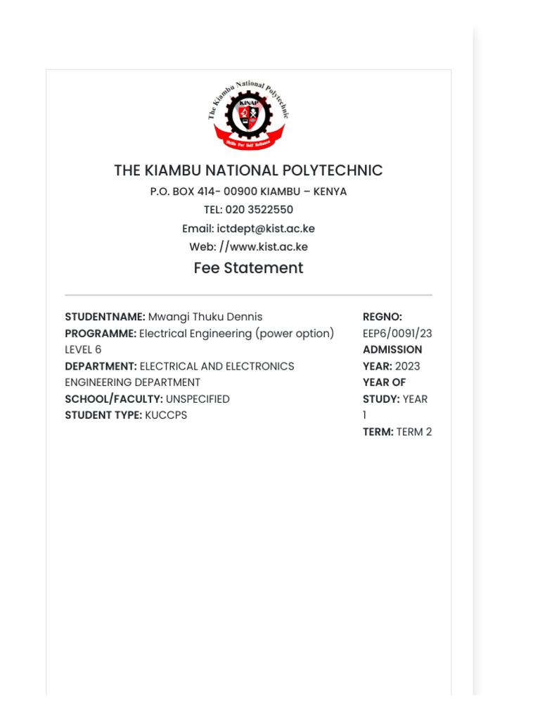 Kiambu Polytechnic Fee Statement 2023 | PDF