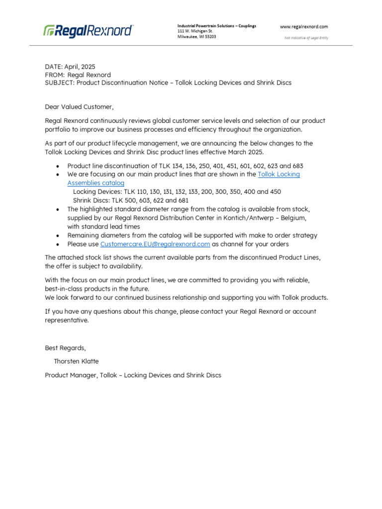 Product Discontinuation Notice Tollok Locking Devices and Shrink Discs ...