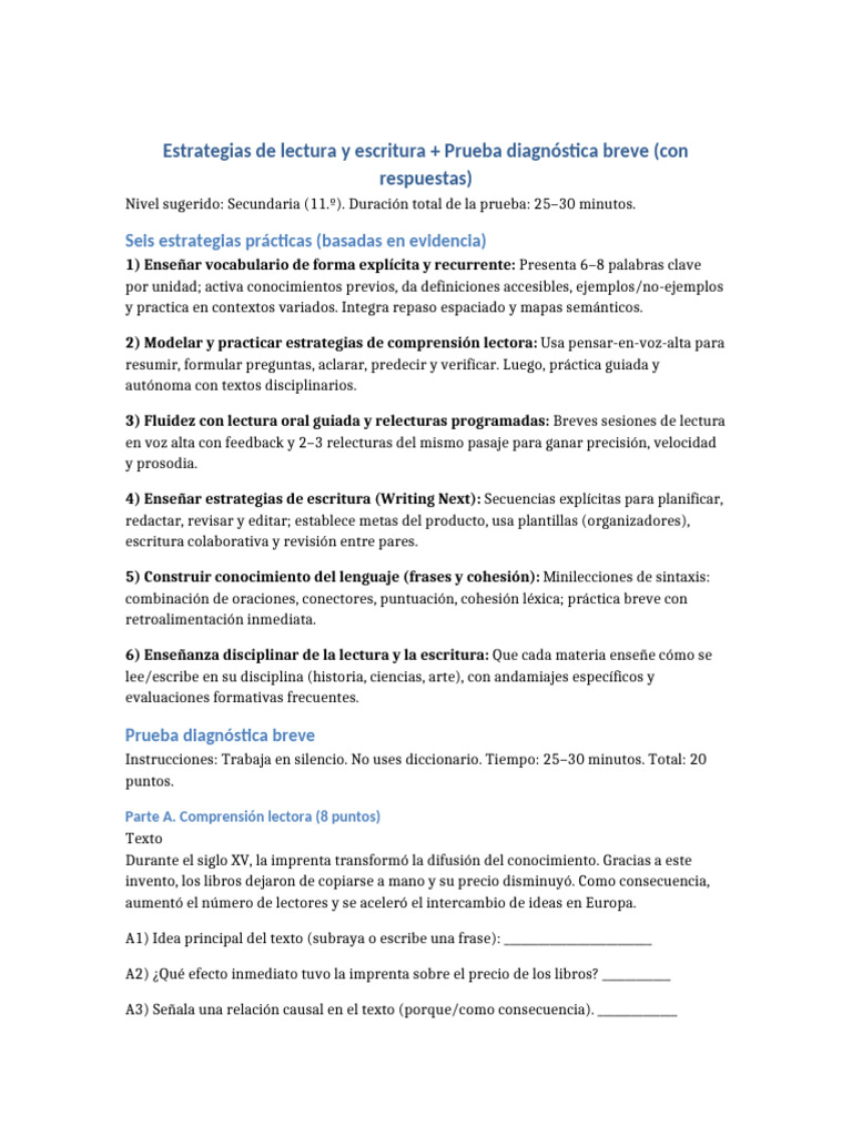 Prueba - Diagnostica - Lectoescritura Español | PDF | Comprensión ...