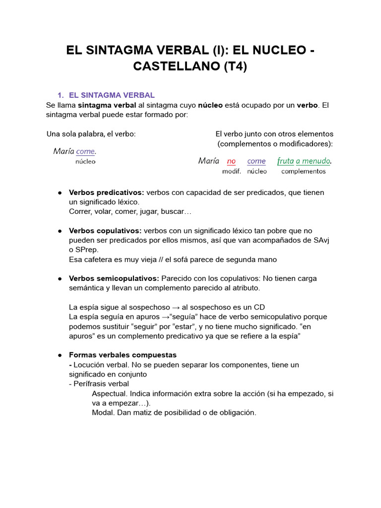 El Sintagma Verbal (i)_ El Nucleo - Castellano (t4) | PDF | Verbo ...