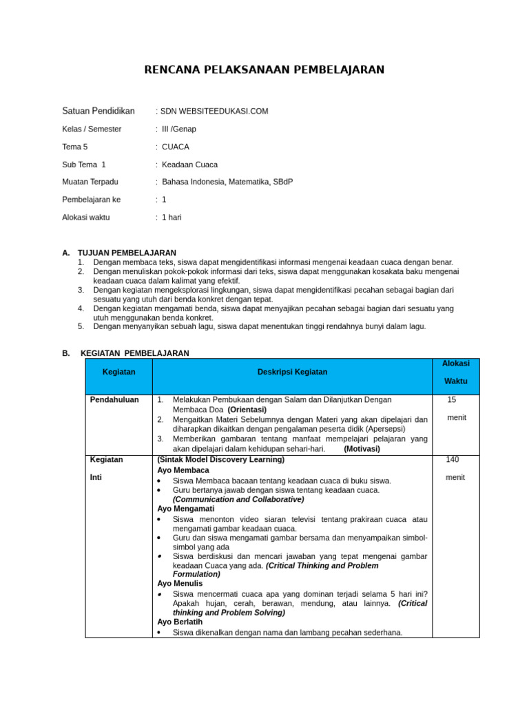 Rencana Pelaksanaan Pembelajaran Tema 5 -8 | PDF