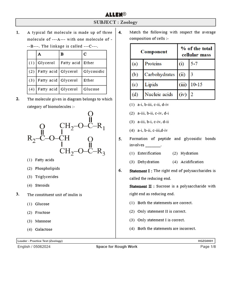 Zoology Practice Test on Biomolecules | PDF | Glucose | Polysaccharide