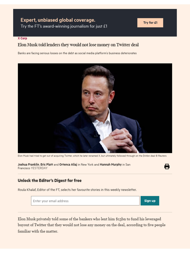 Elon Musk Told Lenders They Would Not Lose Money On Twitter Deal | PDF ...