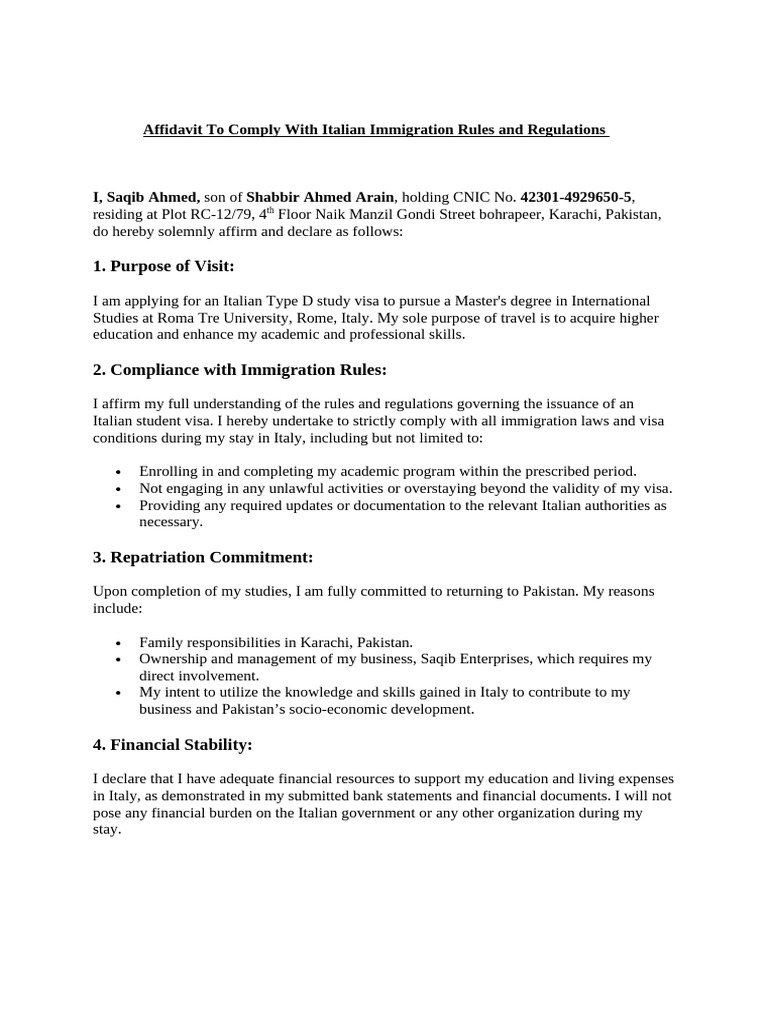 SAQIB - Affidavit To Comply With Italian Immigration Rules and Regulations | PDF | Travel Visa ...