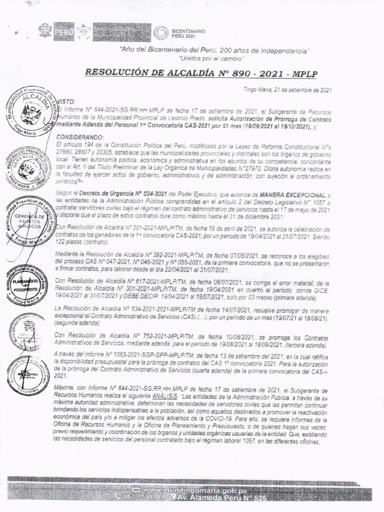 Resolución de Alcaldía Nº890-2021-Mplp | PDF