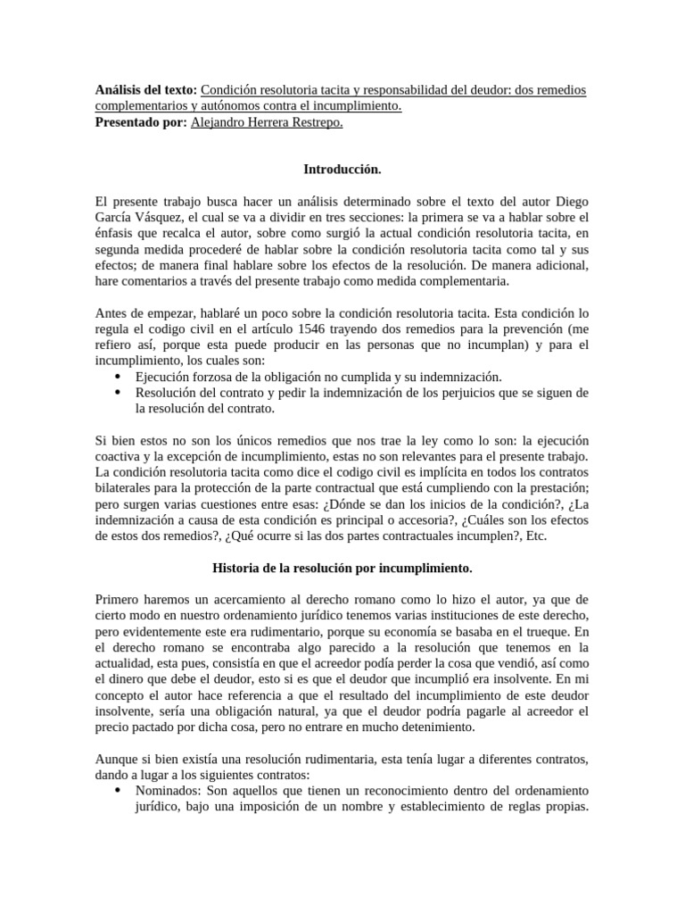 Condición Resolutoria y Deudor: Análisis Legal | PDF | Pagos | Daños y ...