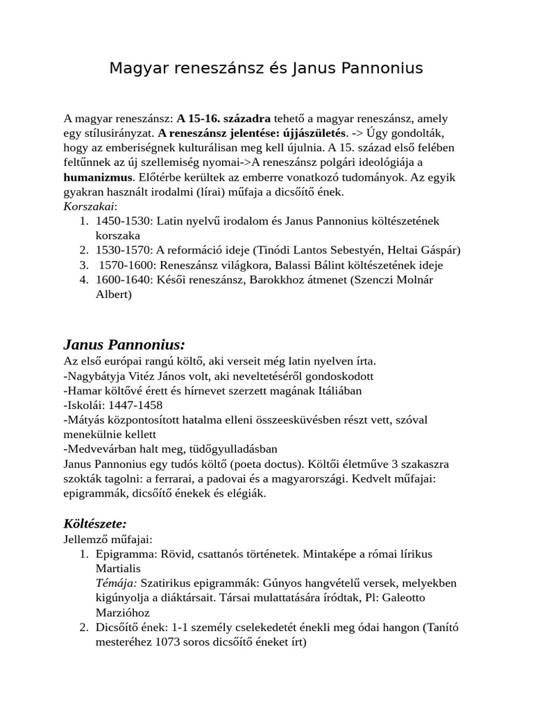 Magyar Reneszánsz És Janus Pannonius | PDF