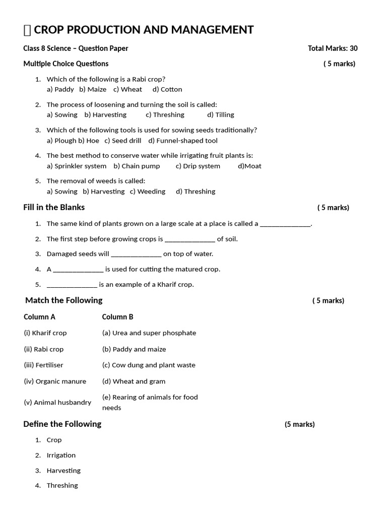 Class 8 Crop Production Quiz | PDF