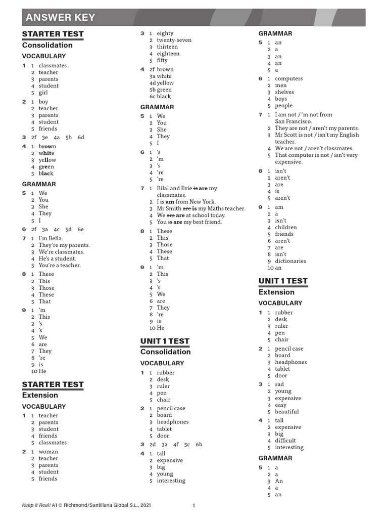 KIR A1 T1 Test Answer Key | PDF