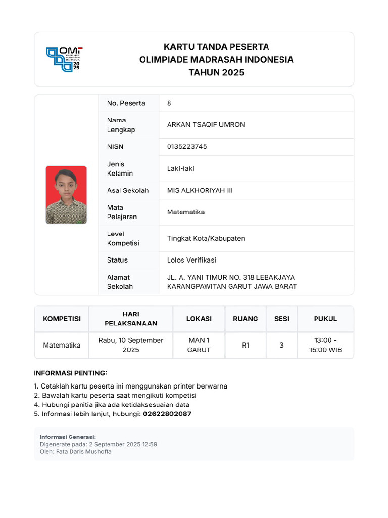 Kartu Peserta Arkan Tsaqif Umron 2025 09 09 | PDF