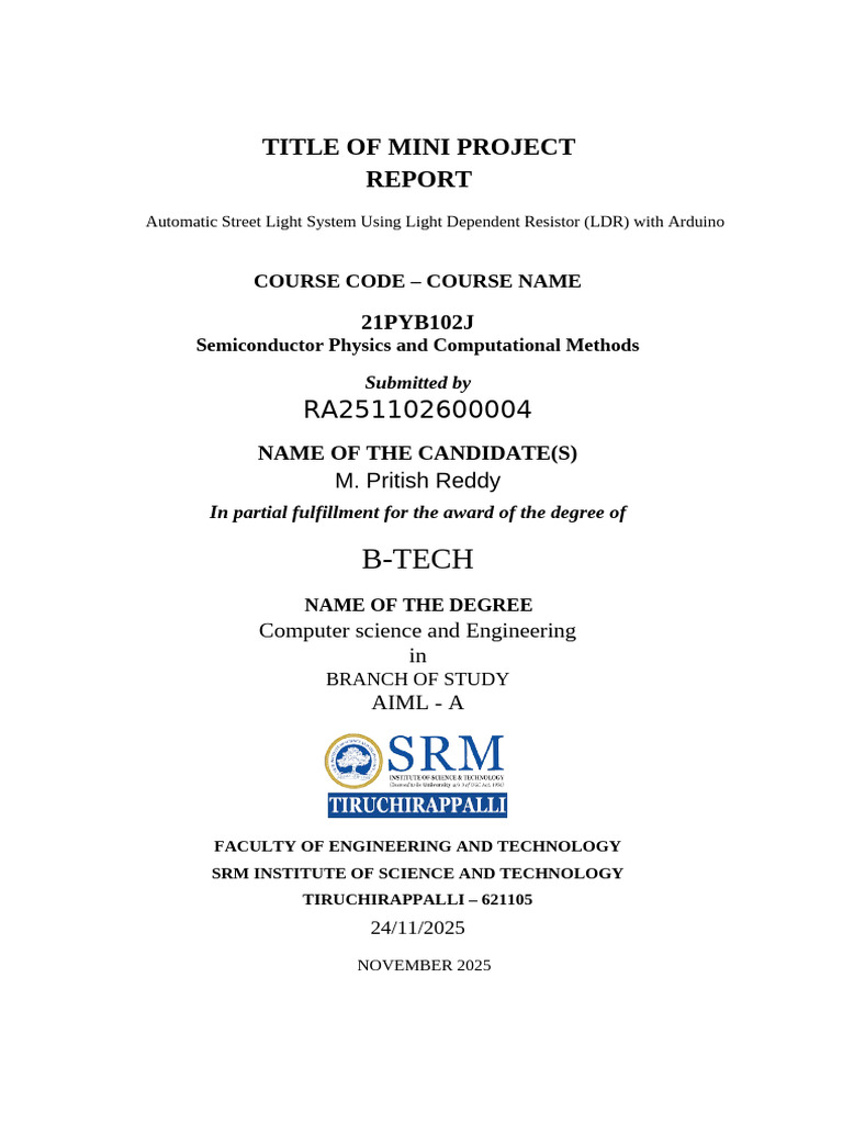 Physics Mini Project Report - Front Page & Contents | PDF