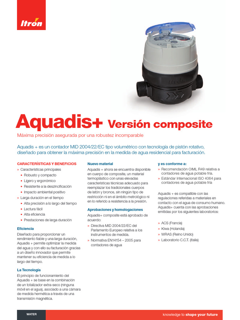 Ficha Técnica Medidor Volumétrico Itron Aquadis-Composite DN 15mm | PDF ...