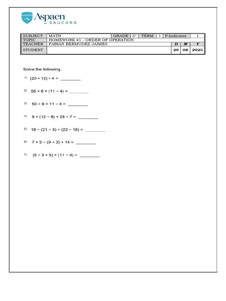 Homework #1 - Order of Operations. | PDF