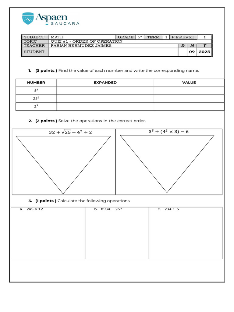 Quiz #1 - Order of Operations. | PDF