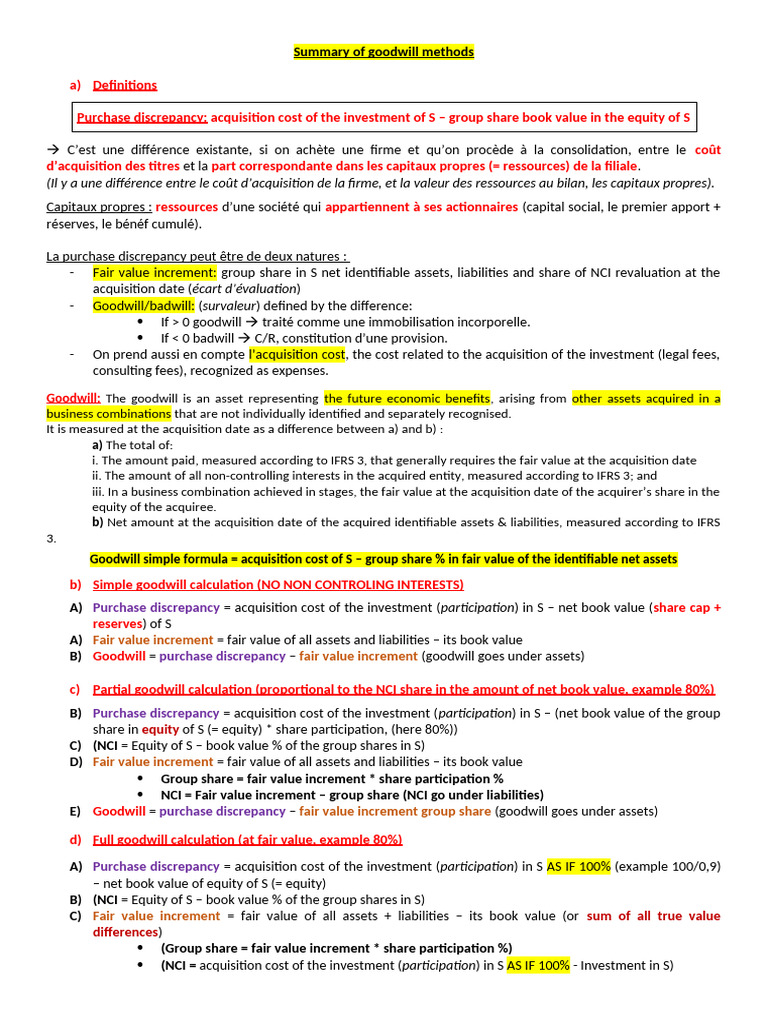 Goodwill Calculation Methods Explained | PDF | Goodwill (Accounting ...