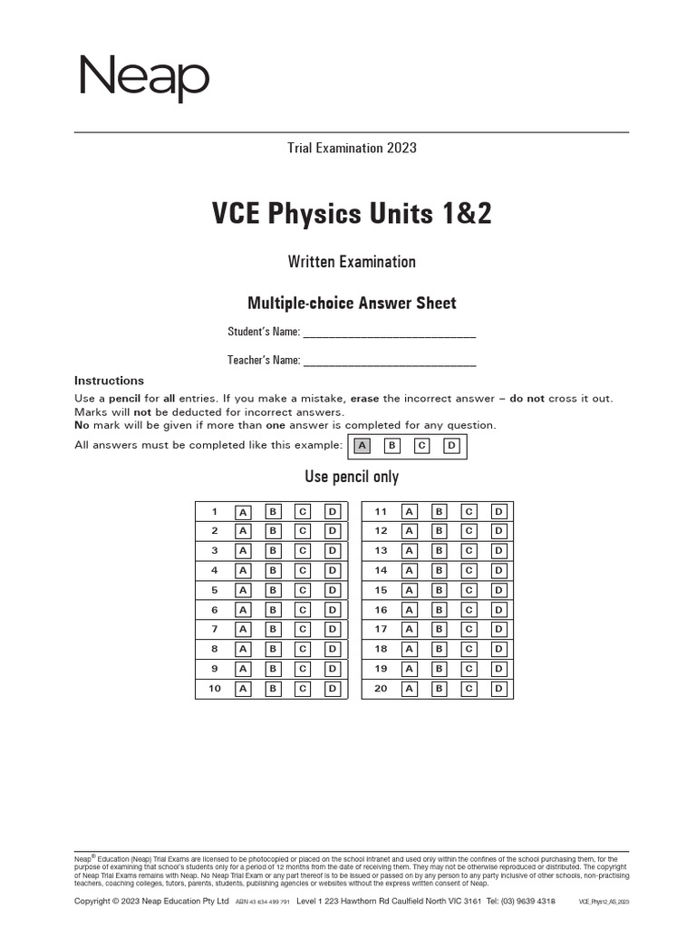 VCE Physics Trial Exam 2023 | PDF | Student Assessment And Evaluation ...