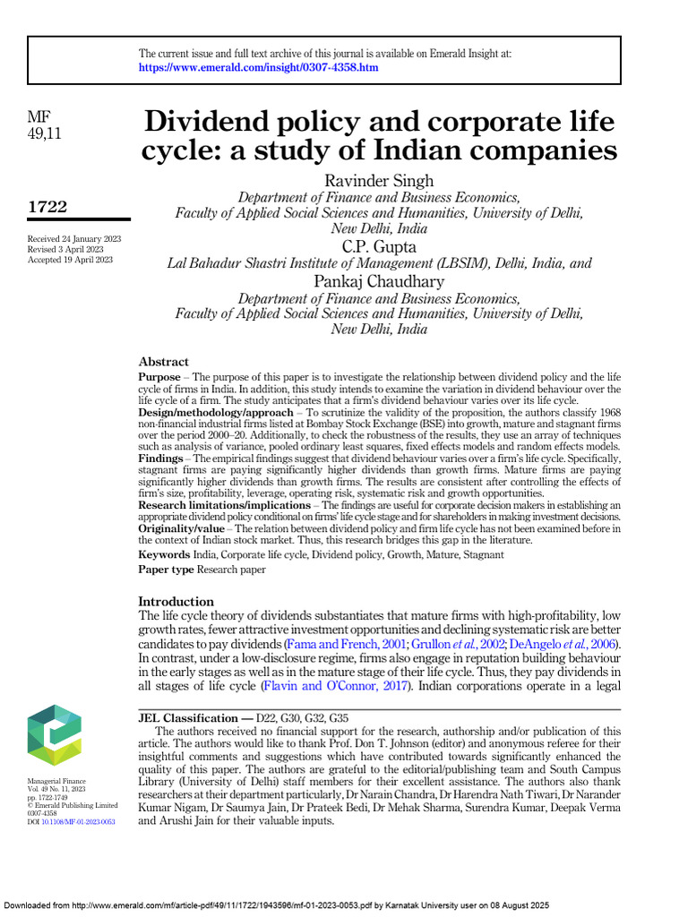 Dividend Policy and Corporate Life Cycle | PDF | Dividend | Fixed ...