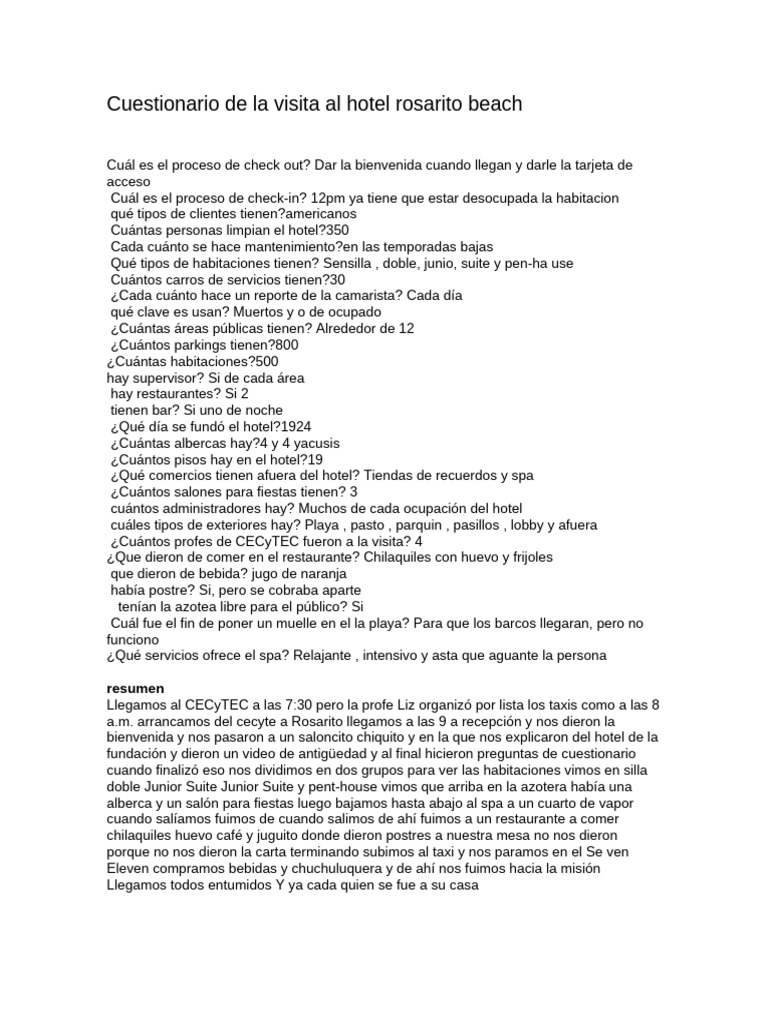 Cuestionario de La Visita Al Hotel Rosarito Beach | PDF | Hotel