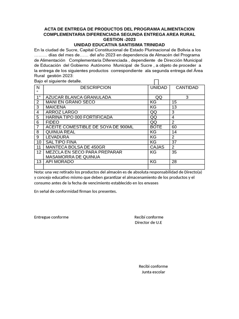 Acta de Entrega de Productos Del Programa Alimentacion Complementaria Diferenciada Segunda ...